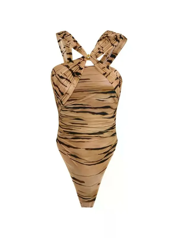Elisabetta Franchi Jersey Bodysuit With Tiger Print And Jeweled Clasp - Neutrals