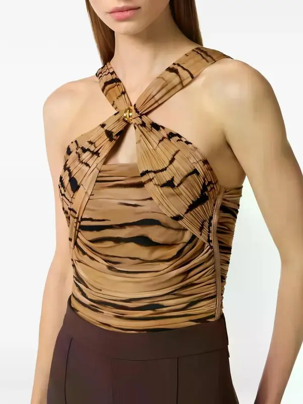 Elisabetta Franchi Jersey Bodysuit With Tiger Print And Jeweled Clasp - Neutrals