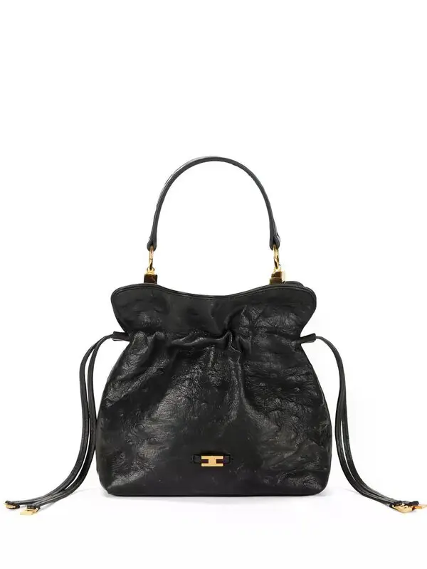 Elisabetta Franchi Leather Drawstring Tote Bag - Black
