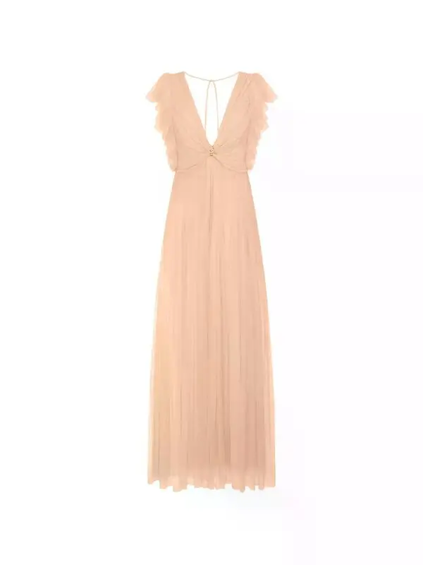 Elisabetta Franchi Tulle Cap Sleeve V-neck Maxi Dress With Rhinestone Embellishment - Neutrals