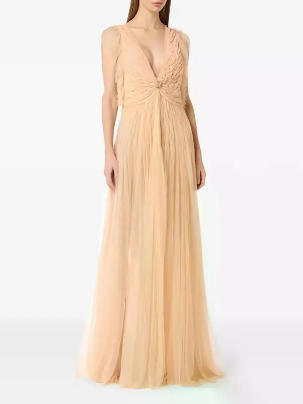 Elisabetta Franchi Tulle Cap Sleeve V-neck Maxi Dress With Rhinestone Embellishment - Neutrals