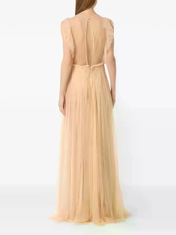Elisabetta Franchi Tulle Cap Sleeve V-neck Maxi Dress With Rhinestone Embellishment - Neutrals