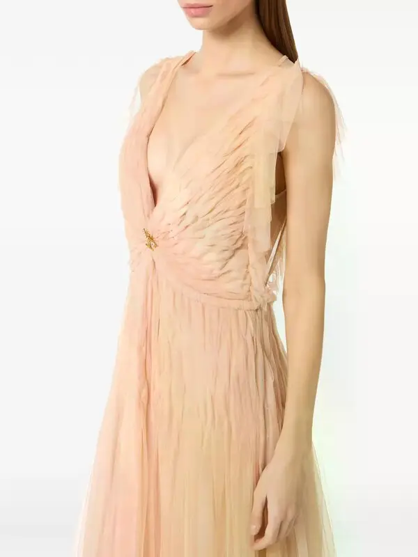 Elisabetta Franchi Tulle Cap Sleeve V-neck Maxi Dress With Rhinestone Embellishment - Neutrals