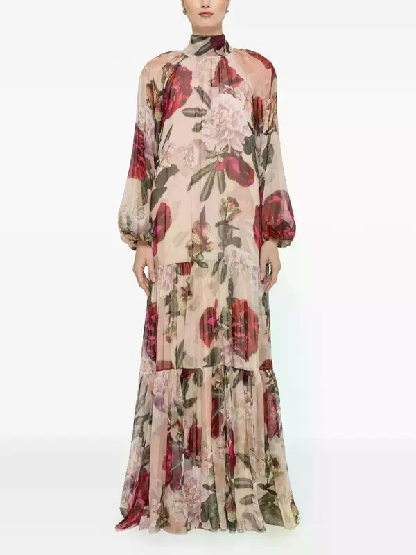 NISSA Floral Print Silk Maxi Dress With Scarf Neckline