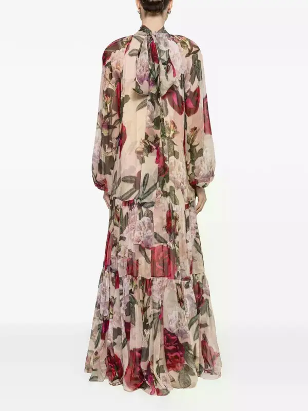 NISSA Floral Print Silk Maxi Dress With Scarf Neckline