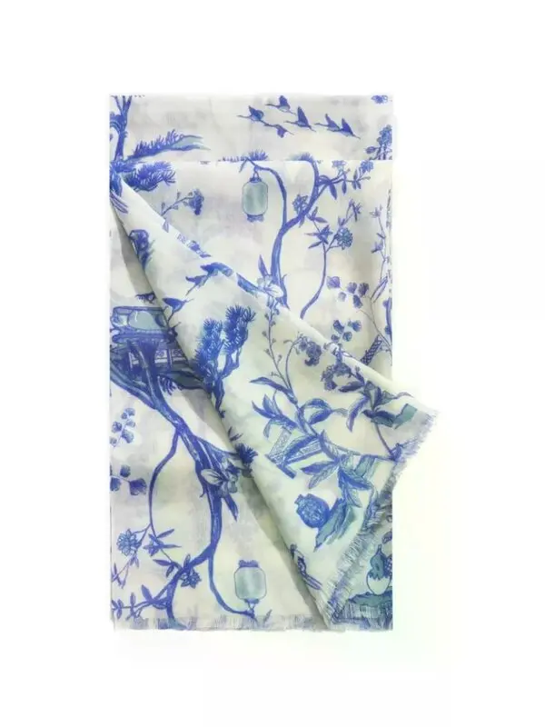 Shanghai Tang Tang Floral Frayed Scarf - White