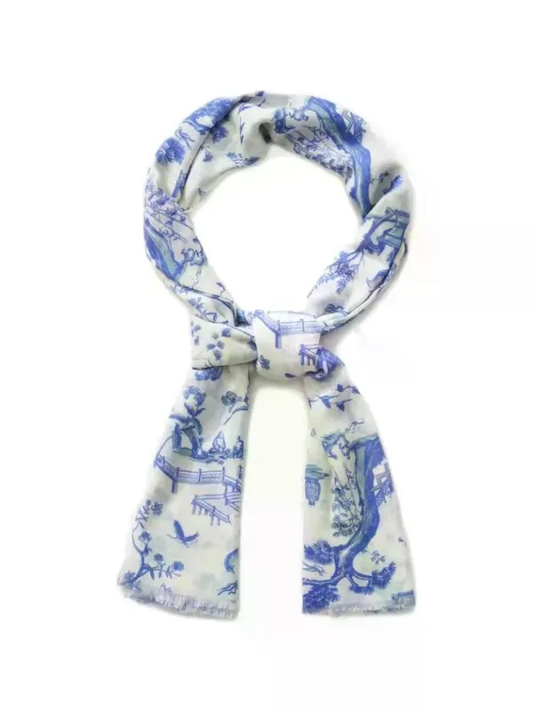 Shanghai Tang Tang Floral Frayed Scarf - White