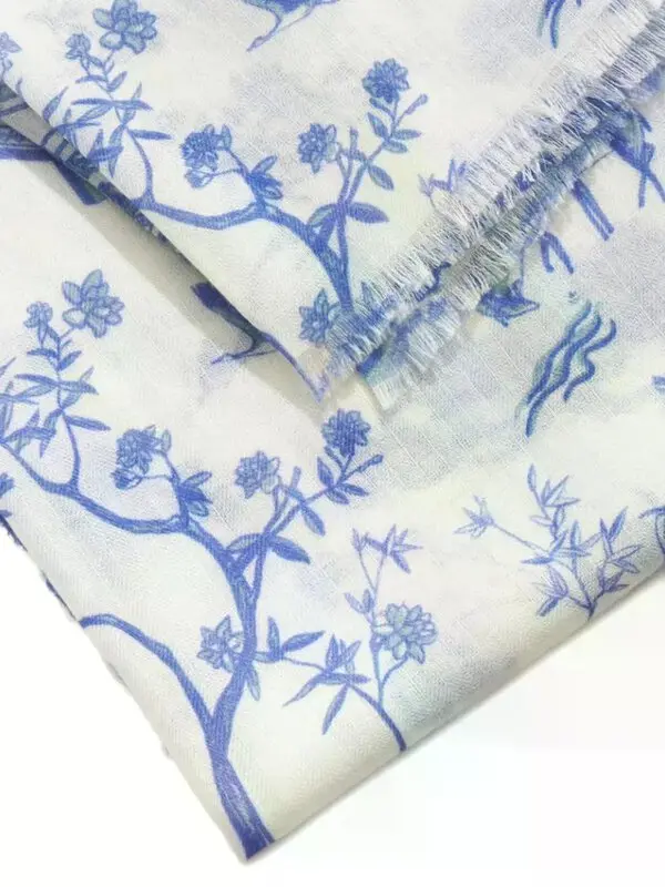 Shanghai Tang Tang Floral Frayed Scarf - White