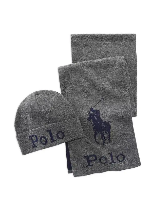 Polo Ralph Lauren Jacquard Knitted Scarf And Beanie Hat Set - Grey