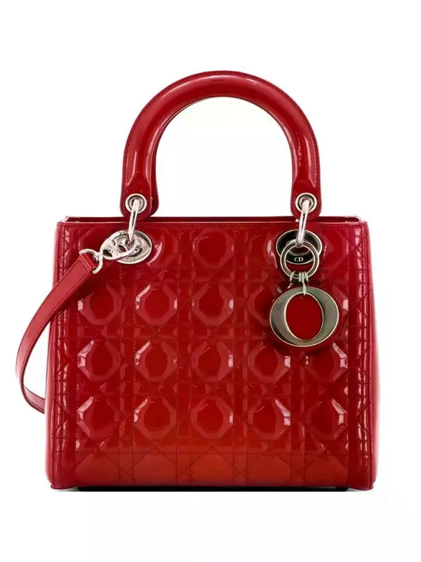 Dior Lady Cannage Quilt Patent Medium Satchel - Red