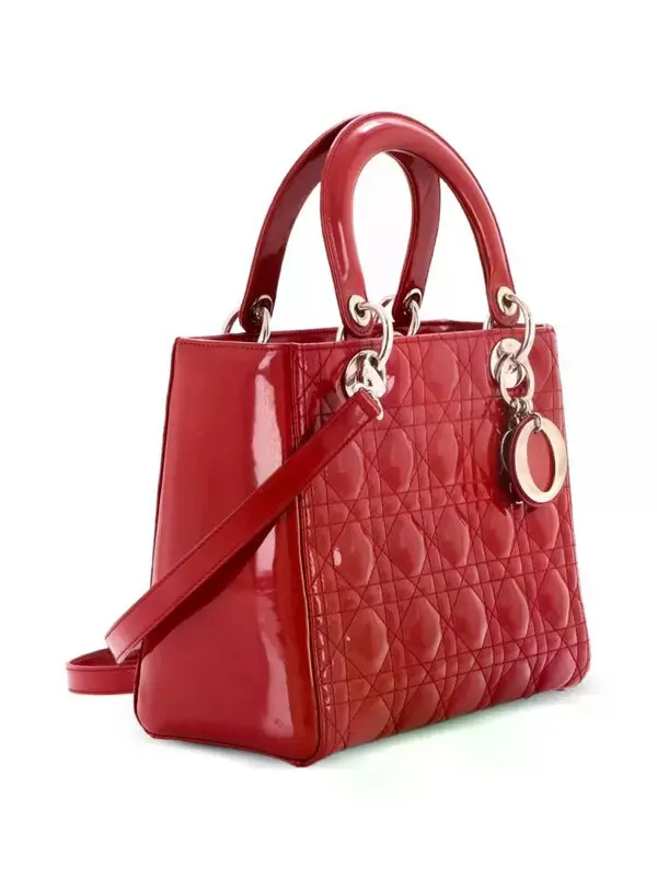 Dior Lady Cannage Quilt Patent Medium Satchel - Red
