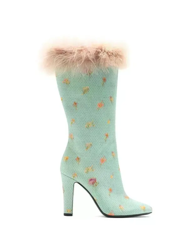 Valentino Garavani Hotty Boots In Chiné Fabric With Floral And Polka-dot Pattern And Feathers