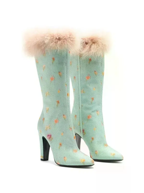 Valentino Garavani Hotty Boots In Chiné Fabric With Floral And Polka-dot Pattern And Feathers
