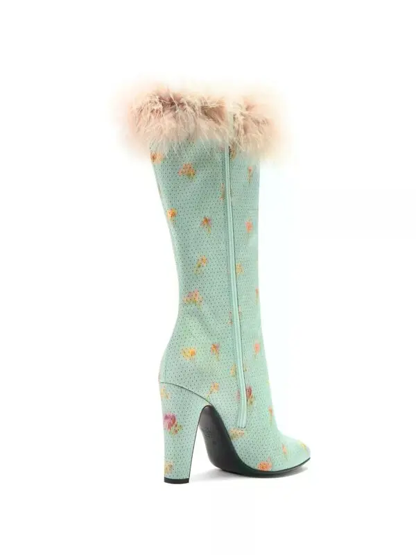 Valentino Garavani Hotty Boots In Chiné Fabric With Floral And Polka-dot Pattern And Feathers