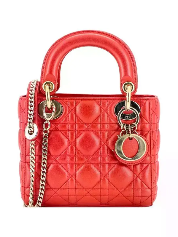 Dior Lady Cannage Quilt Iridescent Leather Mini Satchel - Red