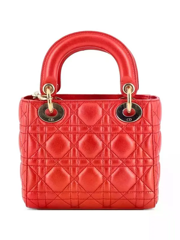 Dior Lady Cannage Quilt Iridescent Leather Mini Satchel - Red