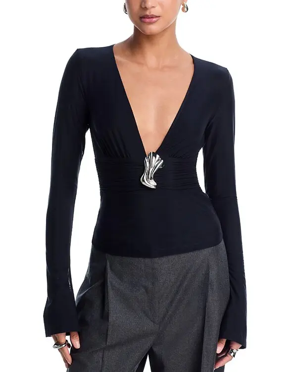 KATE BARTON V-neck Brooch Top - Navy