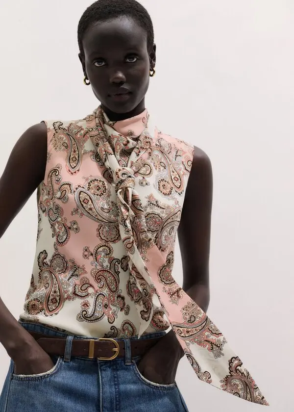 ME+EM Silk Colorblocked Paisley Print Top