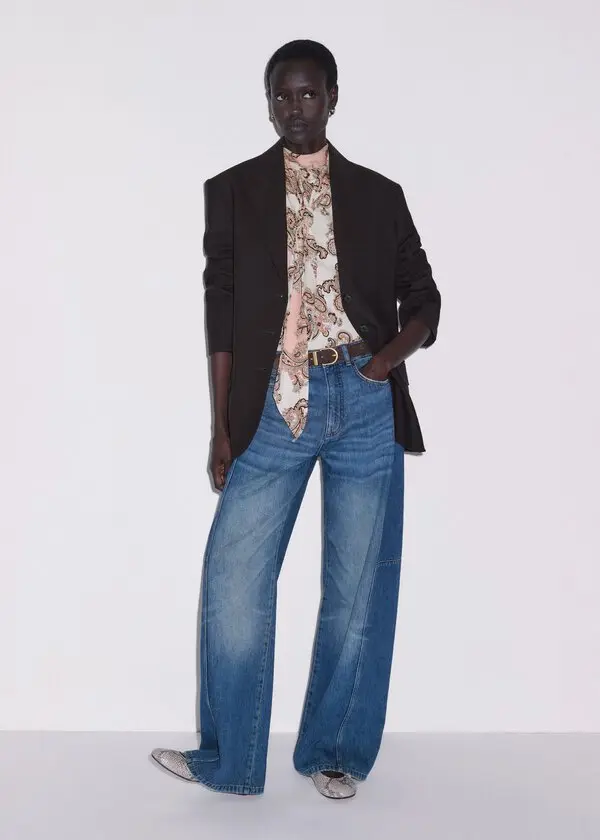 ME+EM Silk Colorblocked Paisley Print Top
