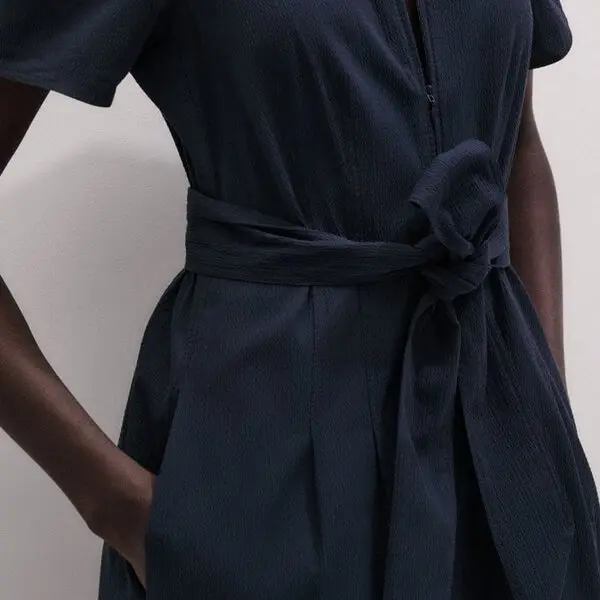 ME+EM Fit And Flare Cotton Seersucker Midi Dress With Belt