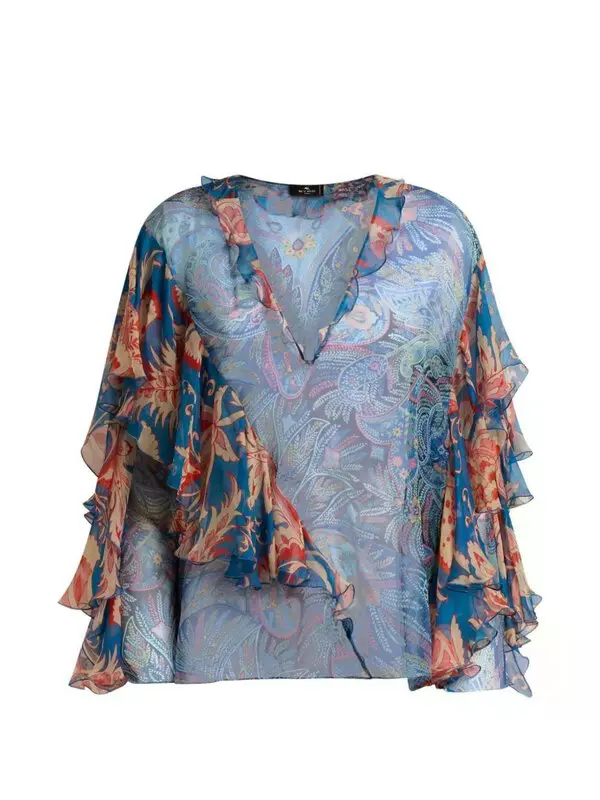 Etro Floral Print Silk Blouse With Ruffled Trims