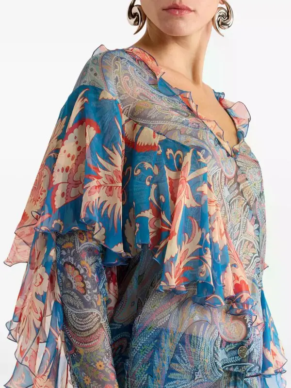 Etro Floral Print Silk Blouse With Ruffled Trims
