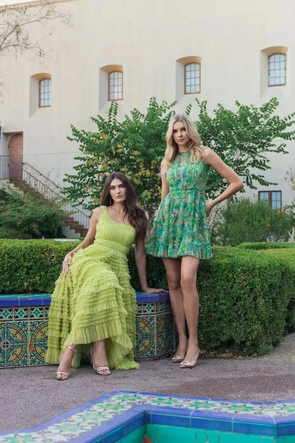 Mac Duggal Sleeveless High Neck Ruffled Floral Mini Dress - Green