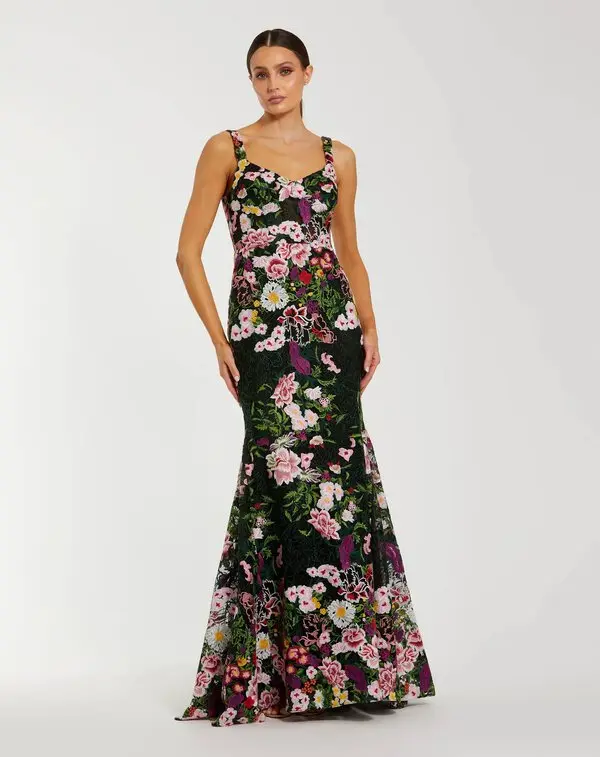 Mac Duggal Sleeveless Floral Embroidered Mermaid Gown