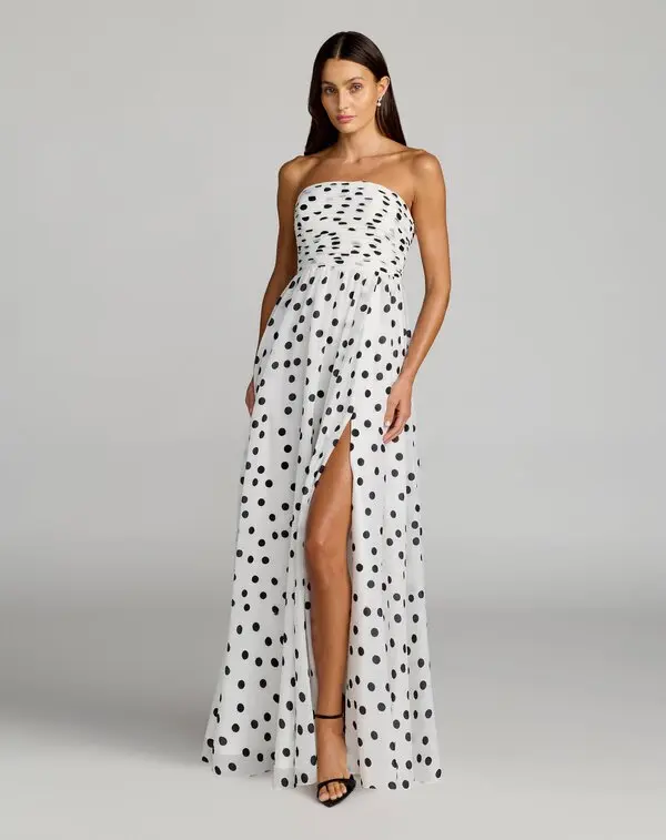 Mac Duggal Polka Dot Strapless Viscose Gown - Black Ivory