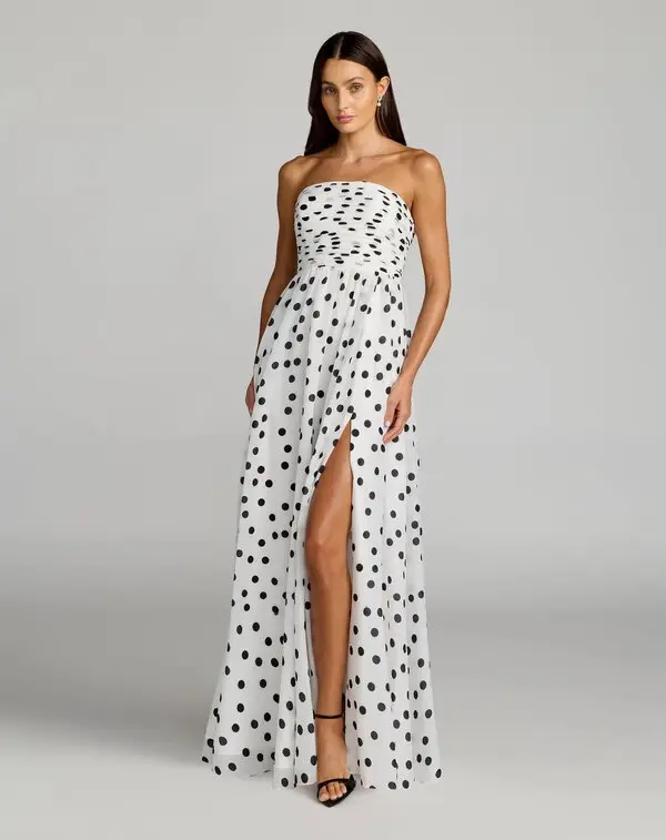 Mac Duggal Polka Dot Strapless Viscose Gown - Black Ivory