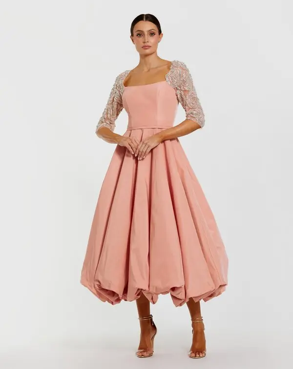 Mac Duggal Pink Bubble Hem Midi Dress With Embellished Sleeves - Rose