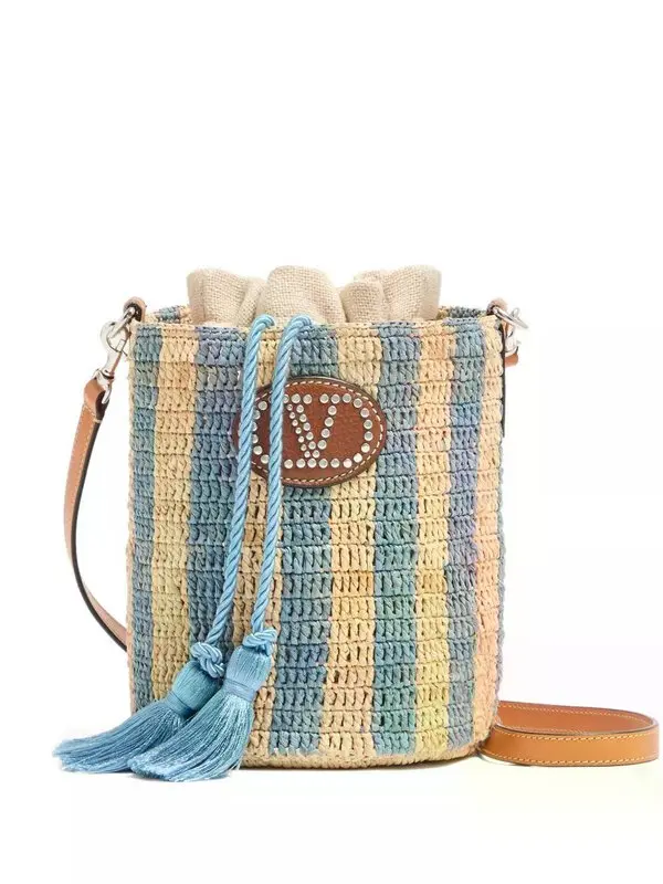 Valentino Garavani Small Bucket Bag In Striped Raffia - Neutrals