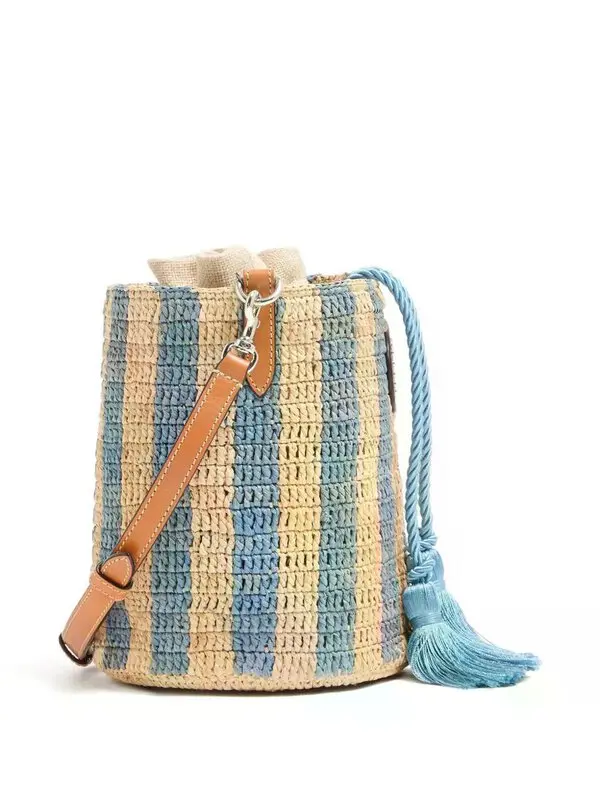 Valentino Garavani Small Bucket Bag In Striped Raffia - Neutrals