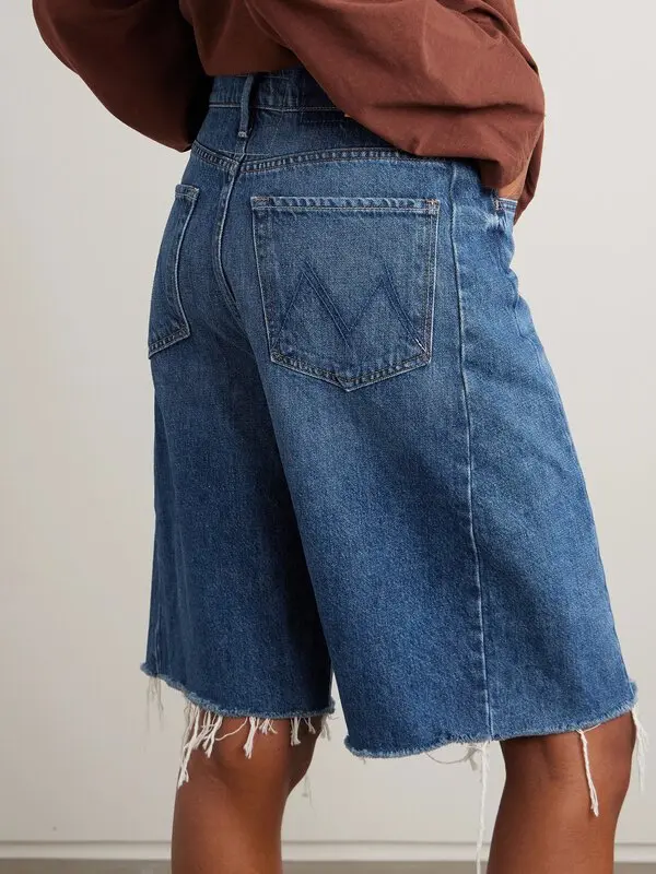 MOTHER The Half Pipe Bermuda Frayed Denim Shorts - Blue
