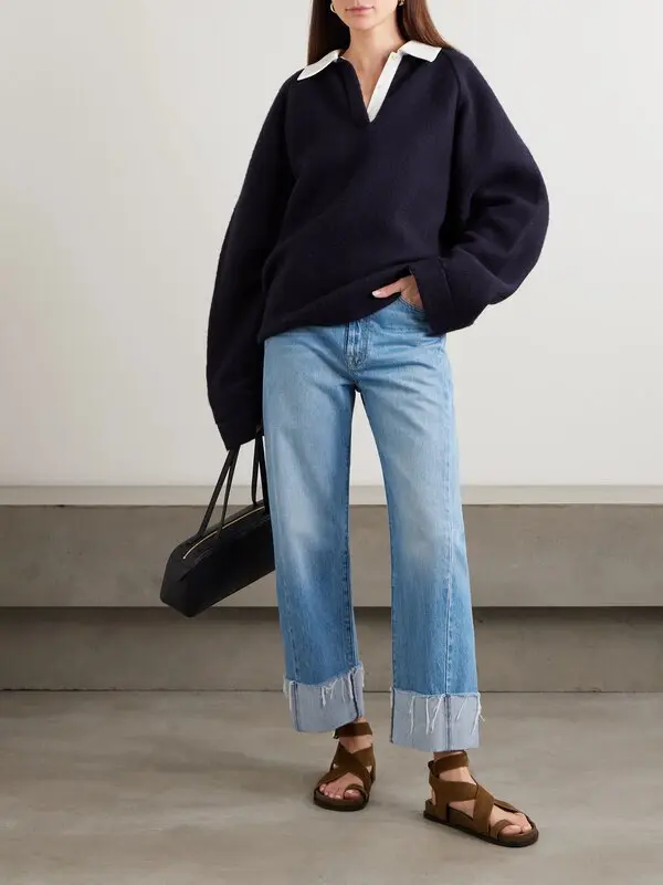MOTHER The Half Pipe Ankle Cuff Fray High-rise Wide-leg Jeans - Blue