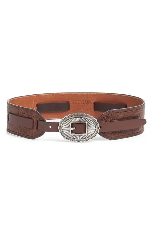The Great. Stetson Tooled Leather Belt - Brown With Silver