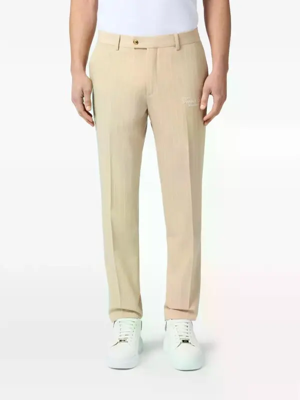 Philipp Plein Flat Front Pinstripe Trousers With Lettering Detail