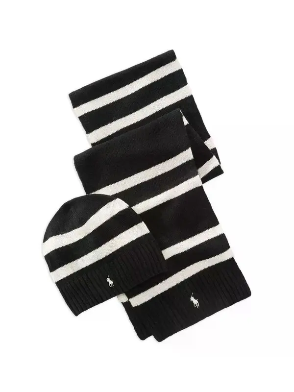 Polo Ralph Lauren Striped Scarf And Beanie Hat Set - Black