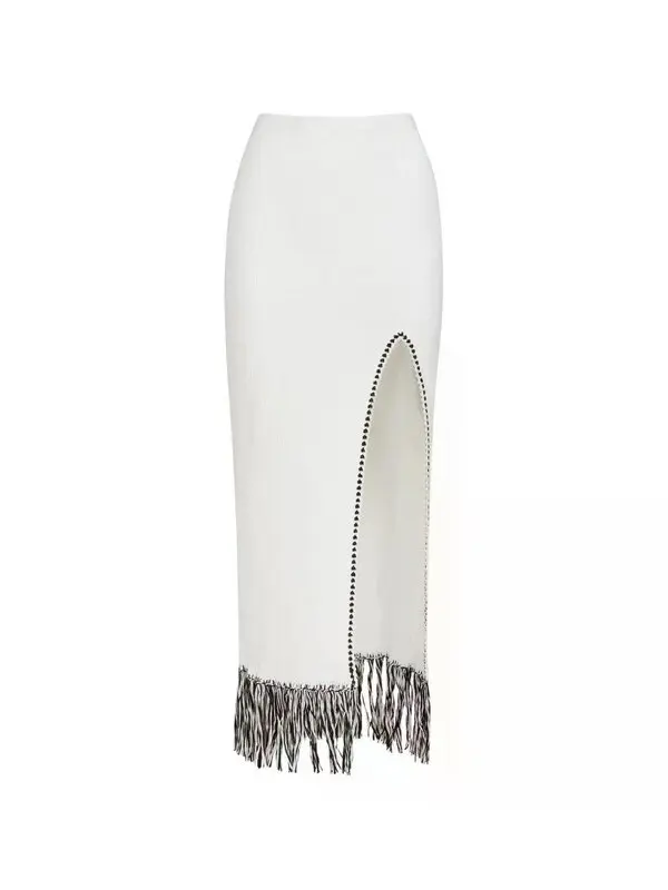 TOCCIN Amora Fringed Slit Midi Skirt - Neutrals