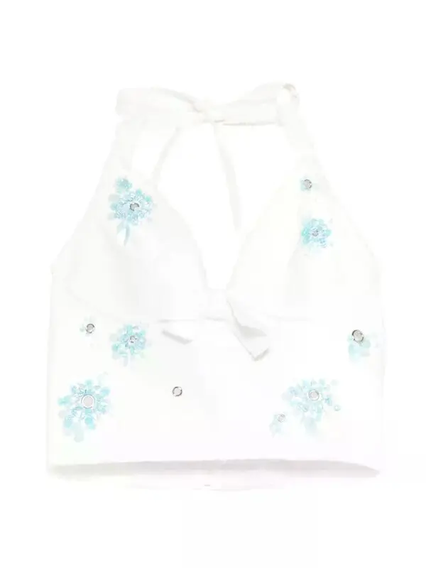 SHUSHU/TONG Floral Halterneck Crop Top - White