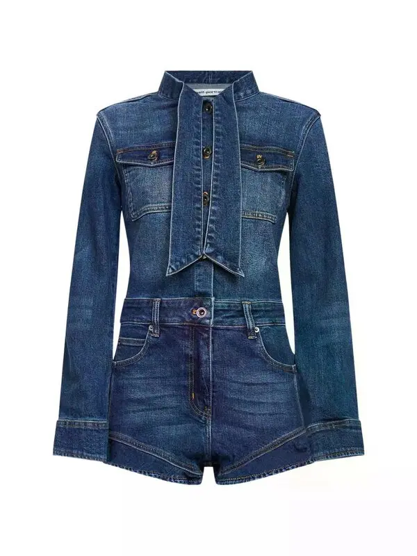 SELF-PORTRAIT Pussy-bow Playsuit - Blue