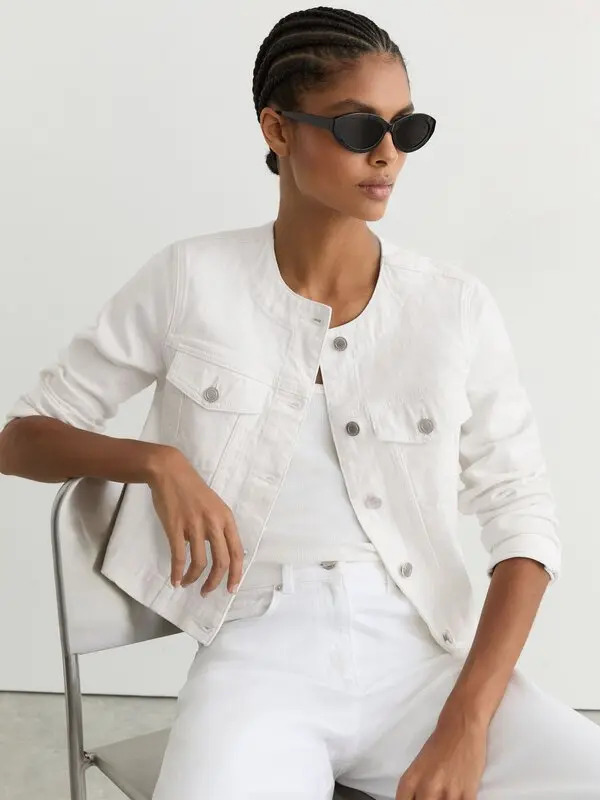 REISS Medora Collarless Cropped Denim Jacket - White