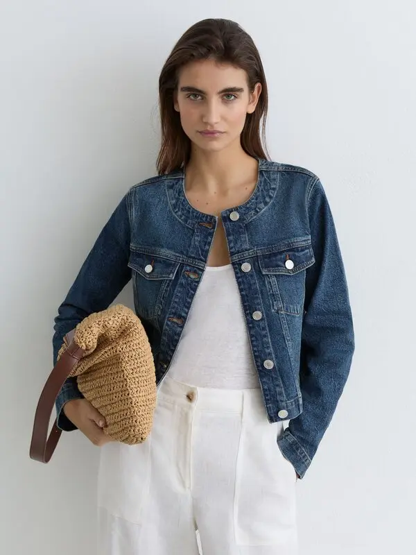 REISS Medora Cropped Denim Jacket - Mid Blue