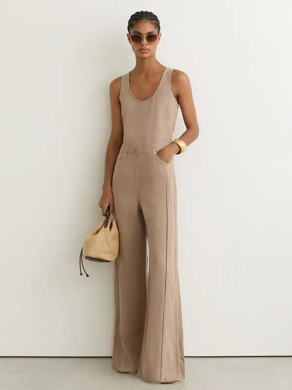 REISS Carmina Lyocell-linen Wide-leg Jumpsuit - Taupe Neutral