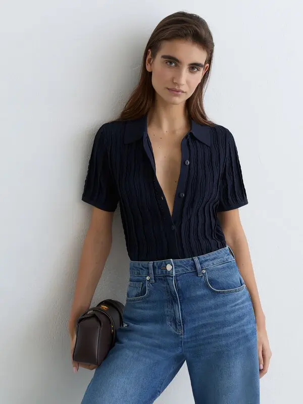 REISS Audrey Stitch-detail Knitted Shirt - Navy