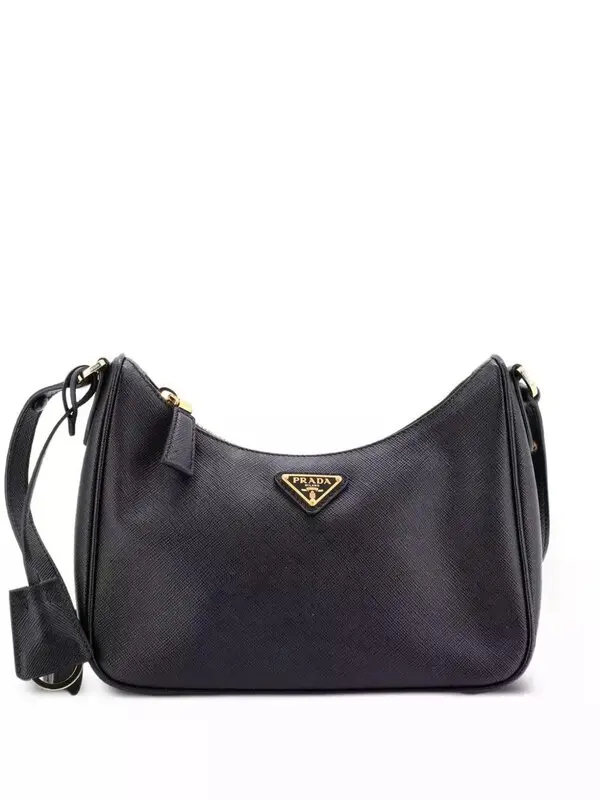 Prada Adjustable Handle Zip Saffiano Leather Mini Hobo Bag - Black