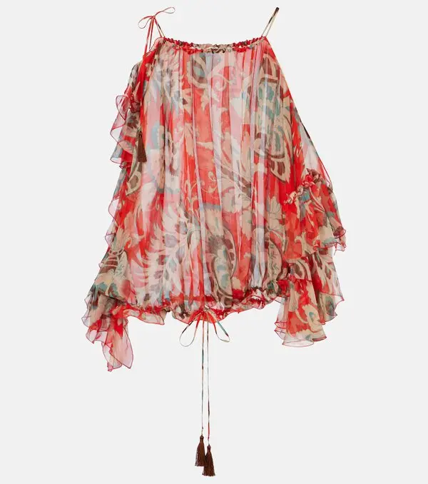 Etro Printed Ruffled Silk Top - Red