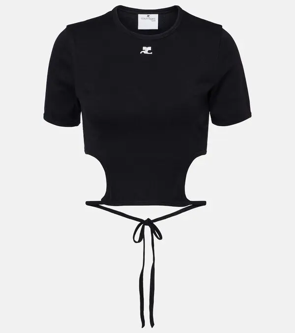 COURREGES Logo Cutout Tie-back Cotton Crop Top - Black