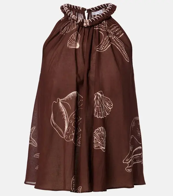 Poupette St Barth Cleo Printed Halterneck Cotton Top - Brown