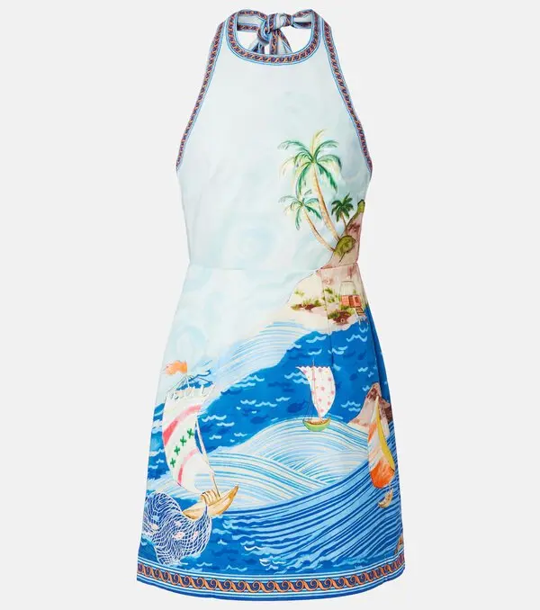 ALEMAIS Island Printed Halterneck Cotton Minidress - Blue